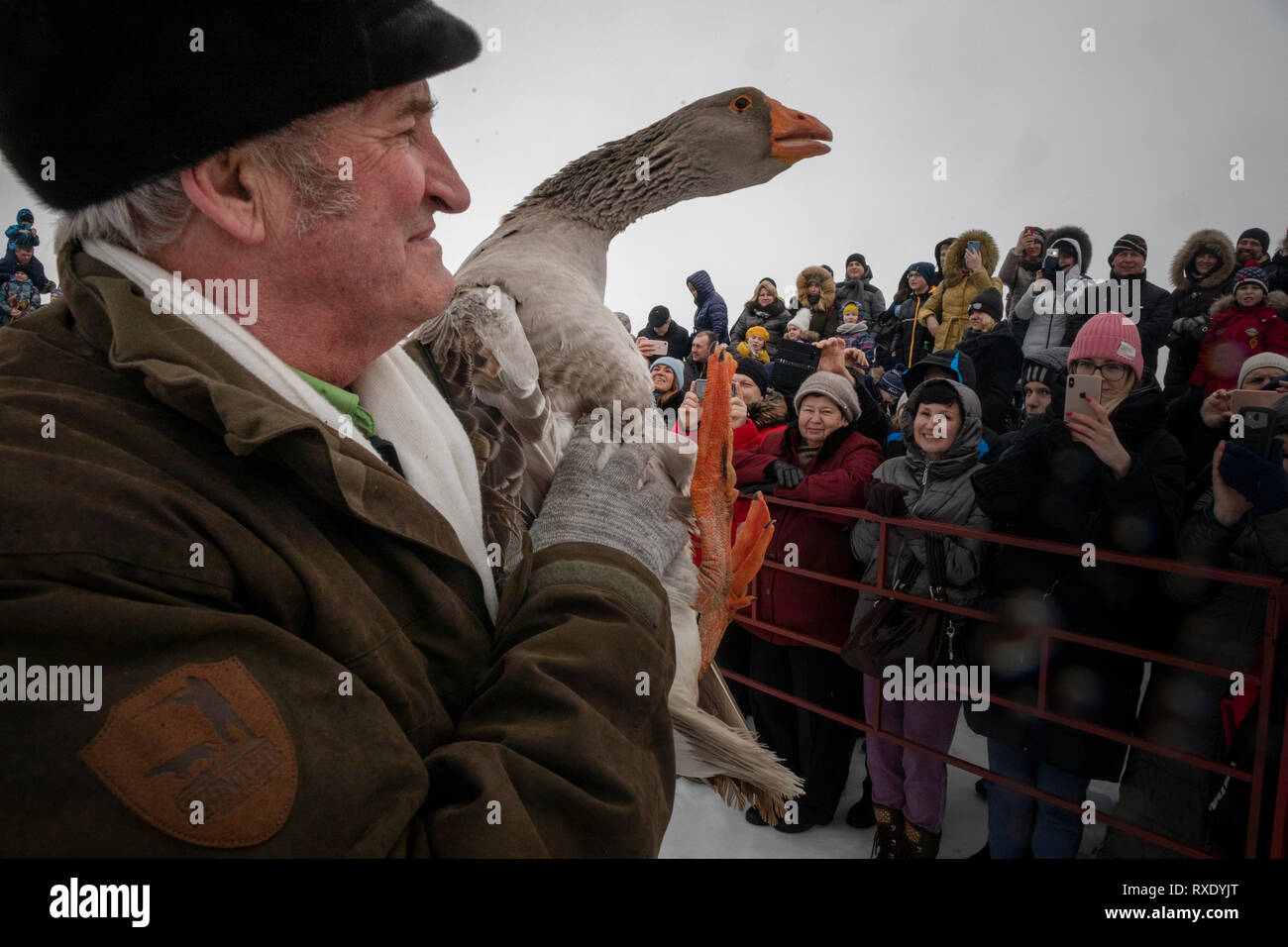 Suzdal, Russia. 9th March, 2019: A local inhabitant shows the goose ...