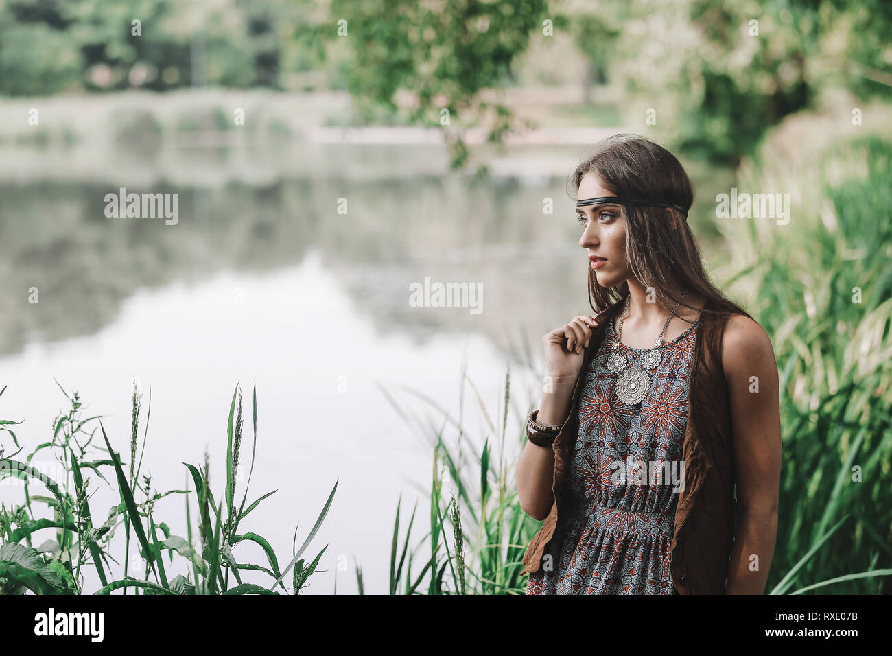 beautiful hippie girl on spring forest background Stock Photo - Alamy