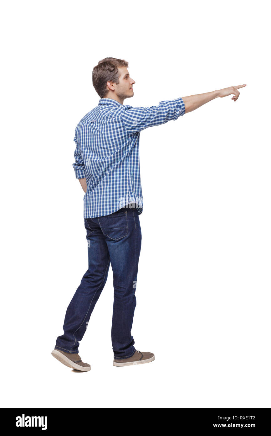 Back view of a man walking with a pointing hand. going guy showing ...