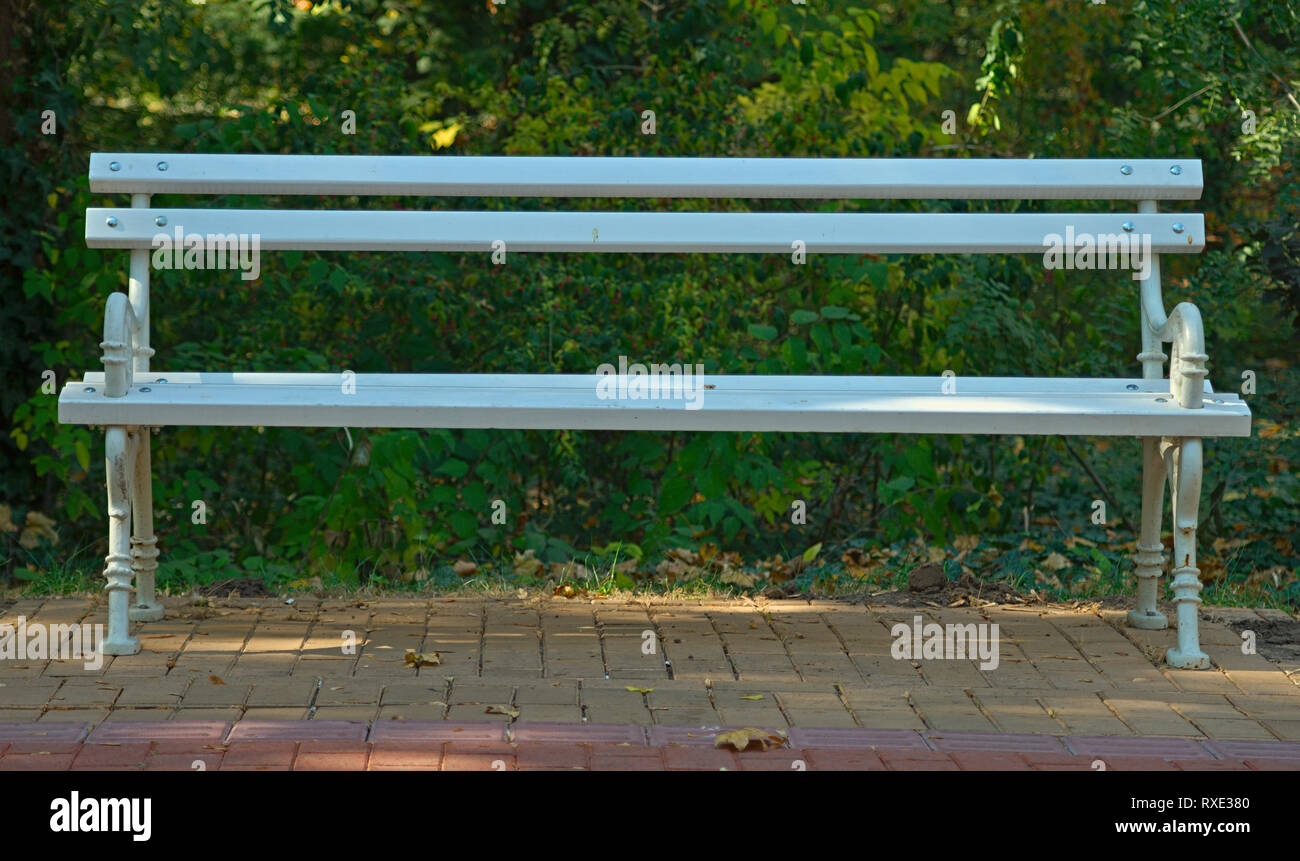 Front view on a white bench on red bricks with nature behind it Stock ...