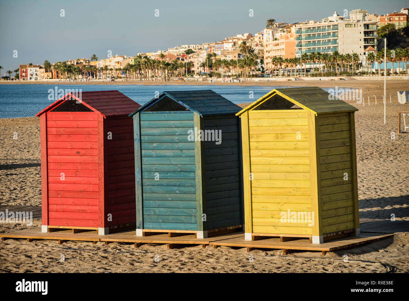 Colorful beach huts on Villajoyosa beach, Costa Blanca, Spain Stock ...