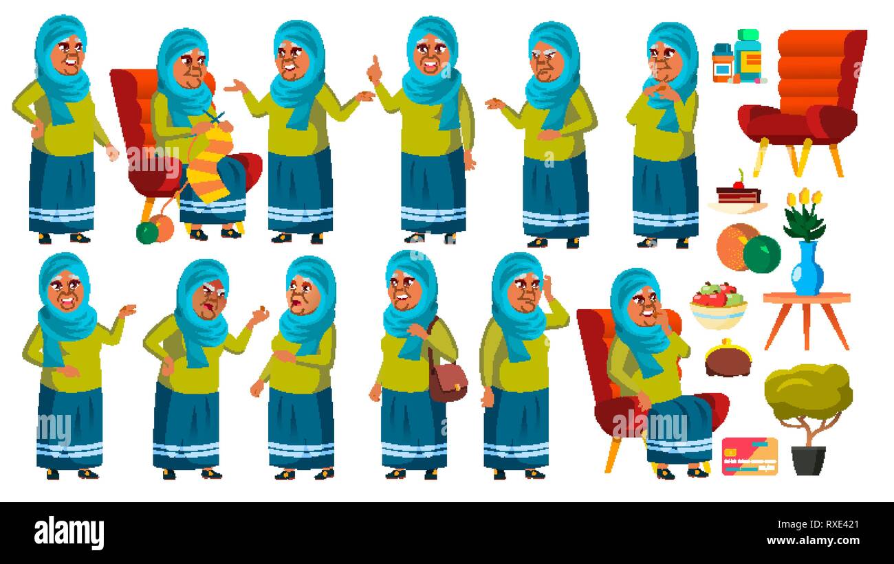 Arab, Muslim Old Woman Poses Set Vector. Elderly People. Senior Person ...