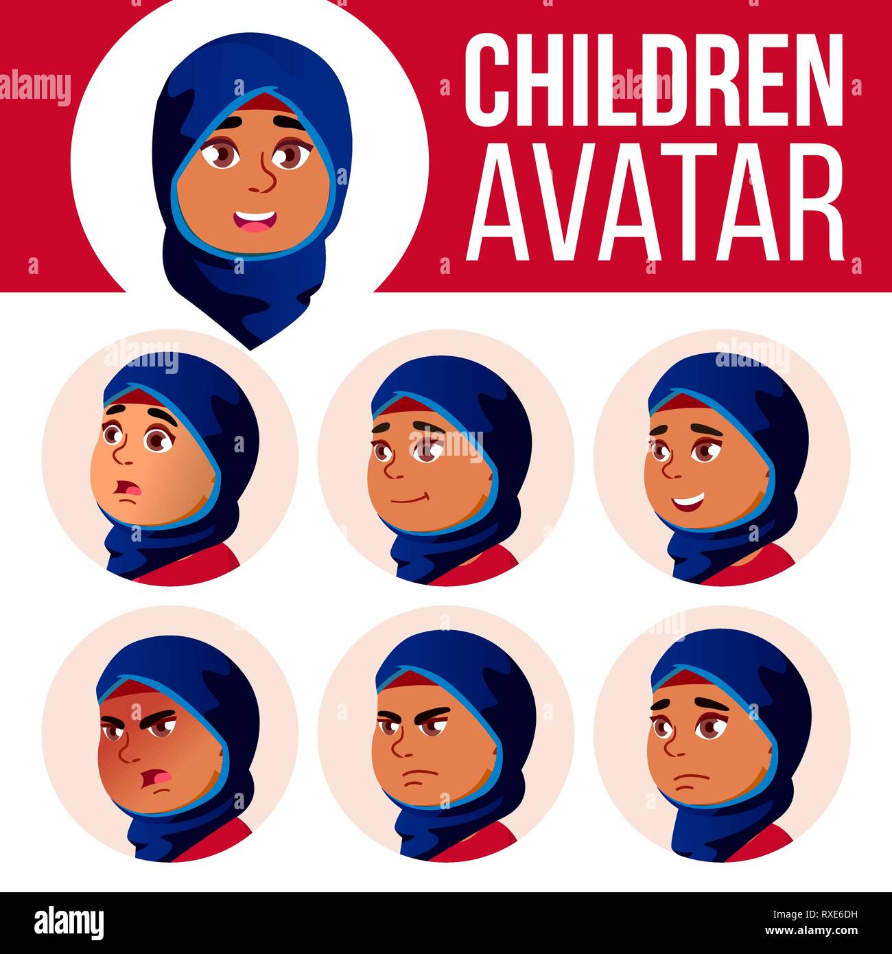 Arab, Muslim Girl Avatar Set Kid Vector. High School. Face Emotions ...