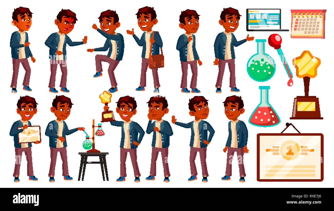 Indian Boy Schoolboy Kid Poses Set Vector. High School Child. Children ...