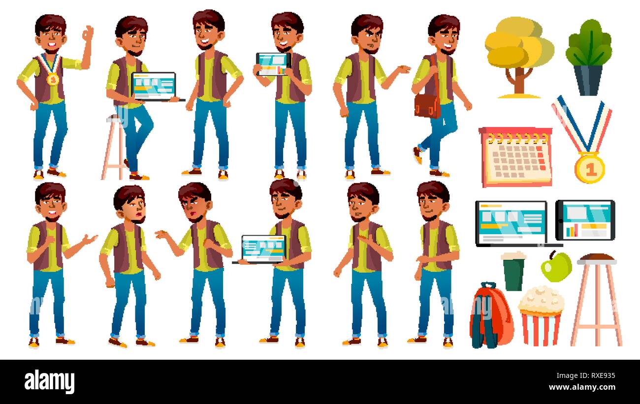 Arab, Muslim Boy Schoolboy Kid Poses Set Vector. High School Child ...