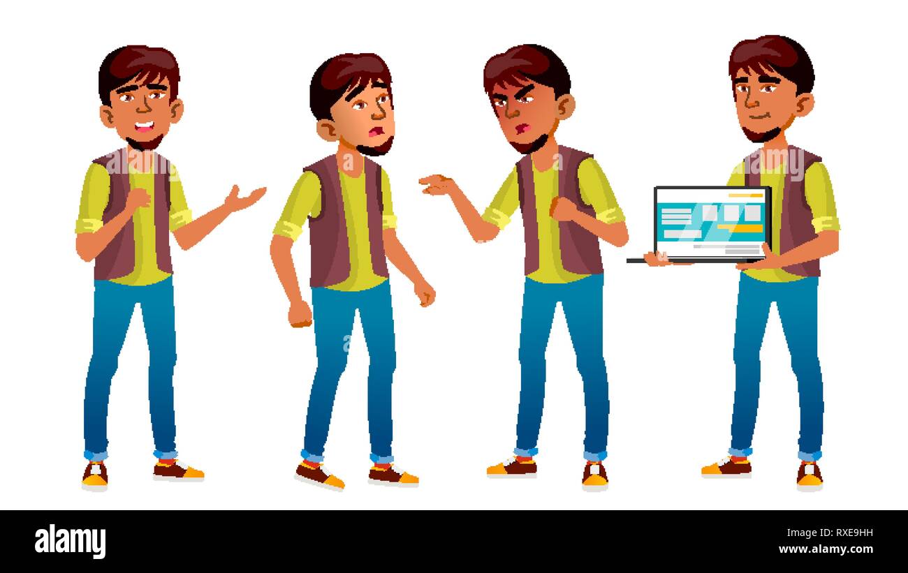 Arab, Muslim Boy Poses Set Vector. High School Child. Programmer, IT ...