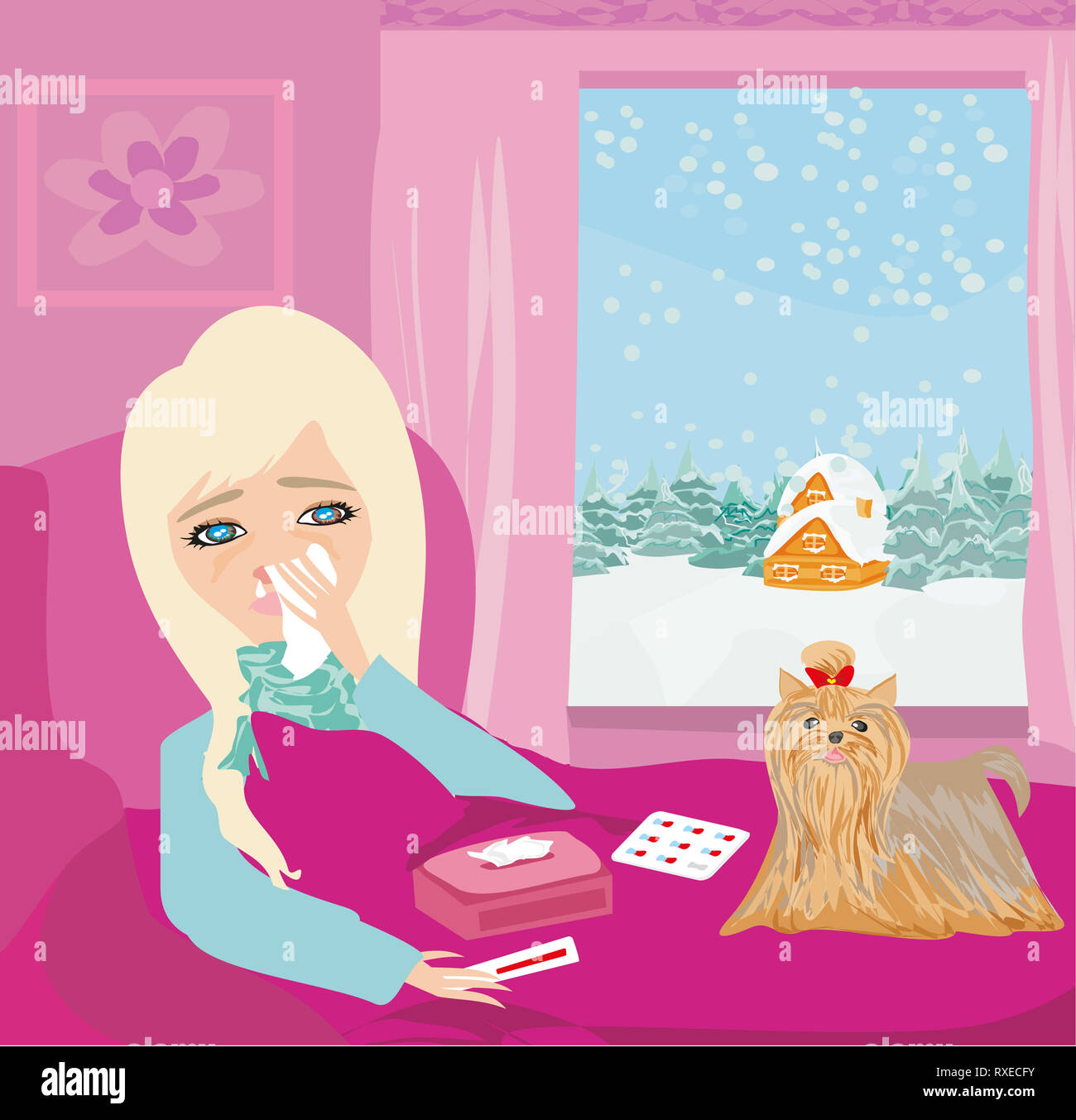 sick girl lying in bed Stock Photo - Alamy