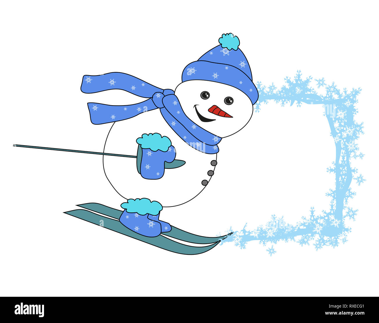 Christmas cartoon character frame - skiing snowman Stock Photo - Alamy