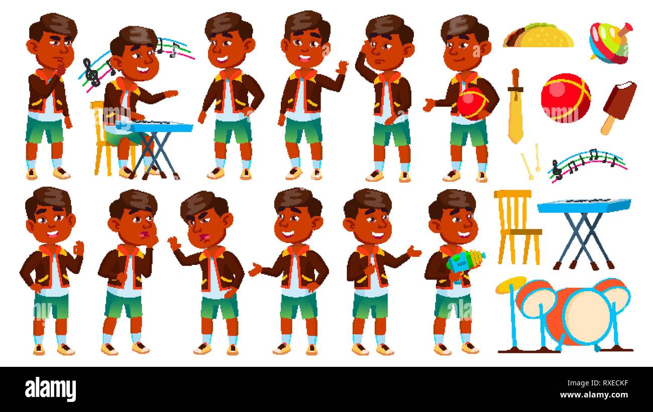 Indian Boy Kindergarten Kid Poses Set Vector. Preschool. Young Person ...