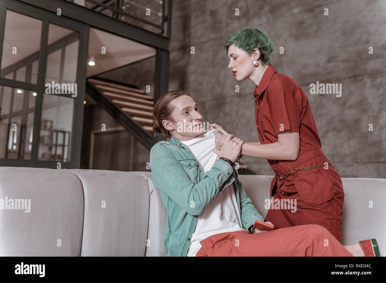 Green-haired wife feeling extremely furious while feeling jealous Stock ...