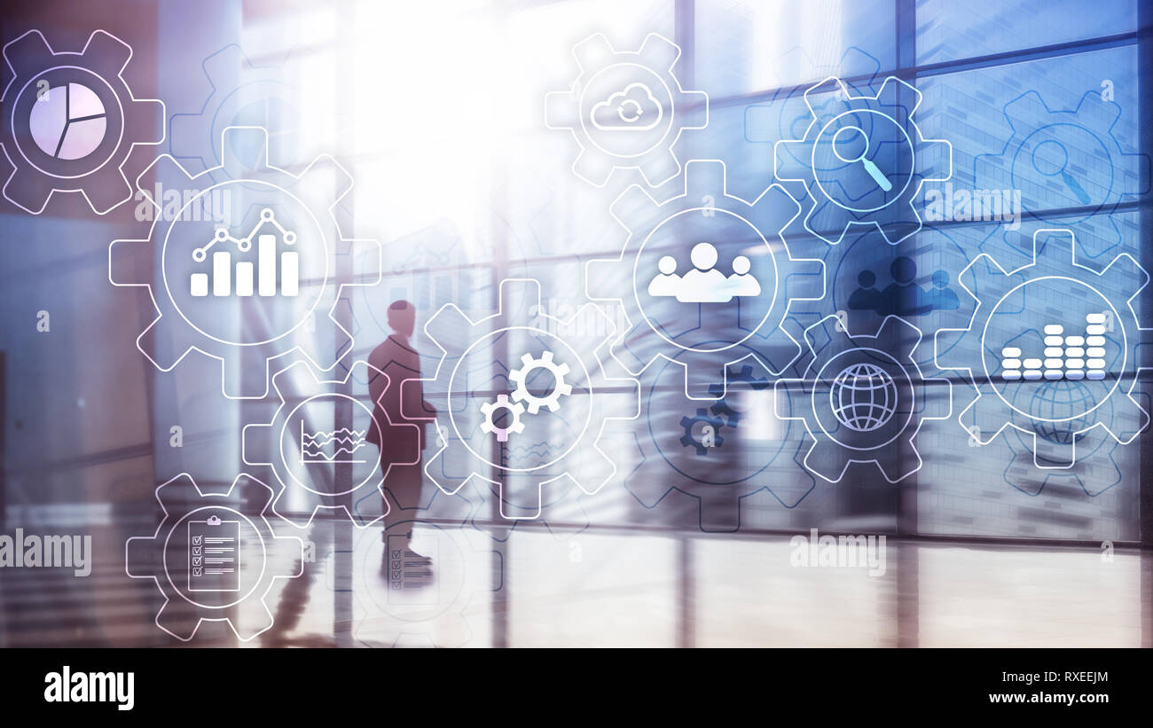 Business process abstract diagram with gears and icons. Workflow and ...