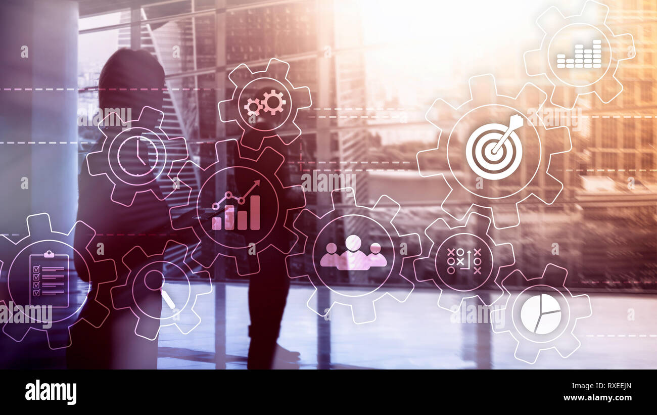 Business process automation concept. Gears and icons on abstract ...