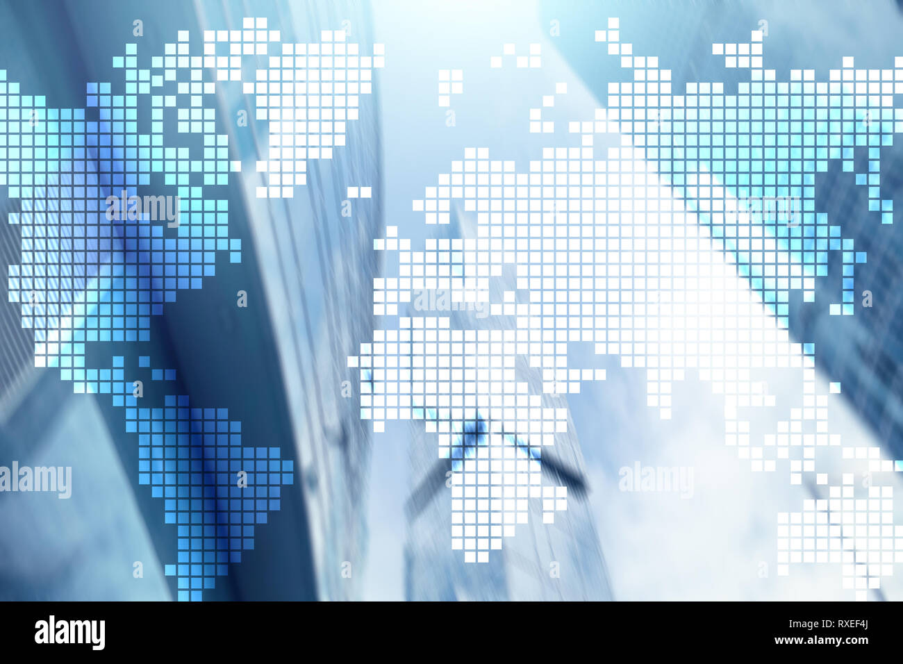 Double exposure world map on skyscraper background. Communication and ...