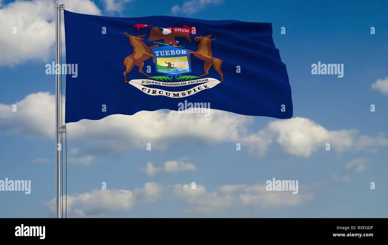 Flag of Michigan - US state fluttering in the wind against a cloudy sky ...
