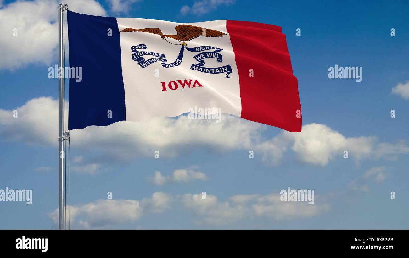 Flag of Iowa - US state fluttering in the wind against a cloudy sky 3d ...