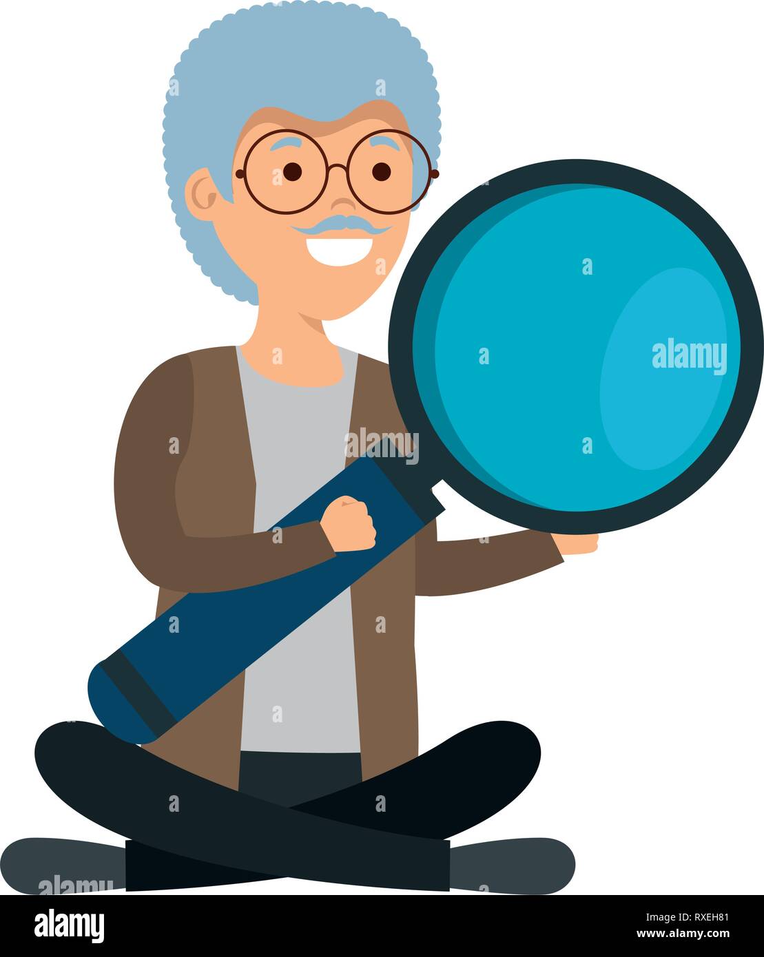 old man in lotus position with magnifying glass Stock Vector Image ...