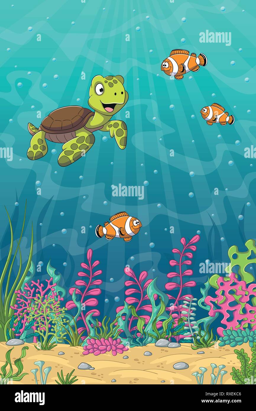 Cartoon turtle and clown fish, unterwater landscape with separate ...