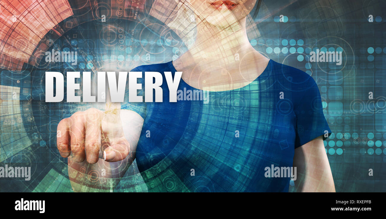 Delivery Technology With Woman Pressing on Screen Stock Photo - Alamy