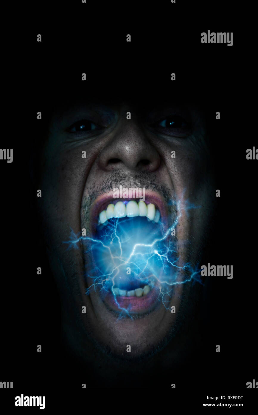 electric lightning coming out of a man open mouth Stock Photo - Alamy