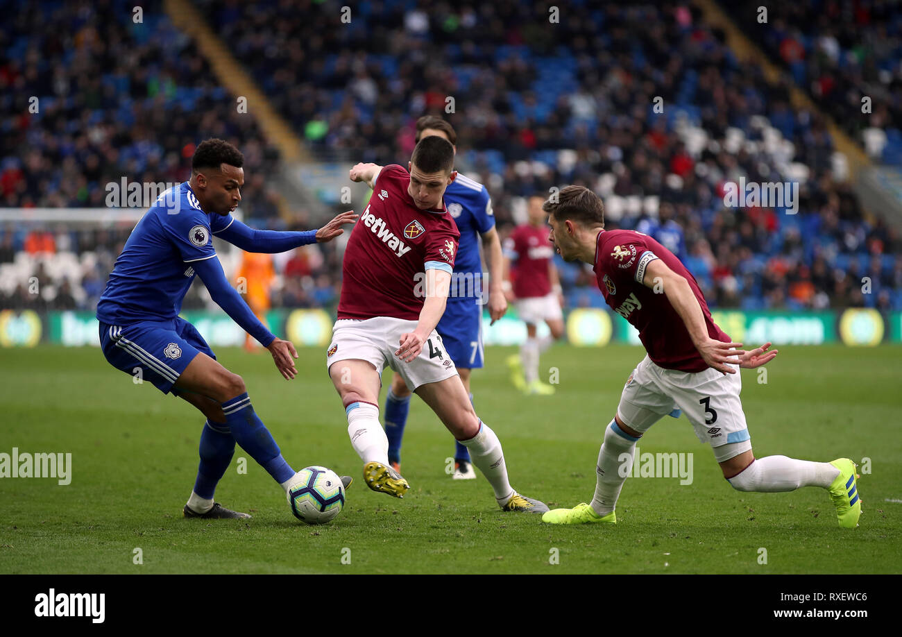 West Ham United's Declan Rice (centre) and Cardiff City's Josh Murphy ...