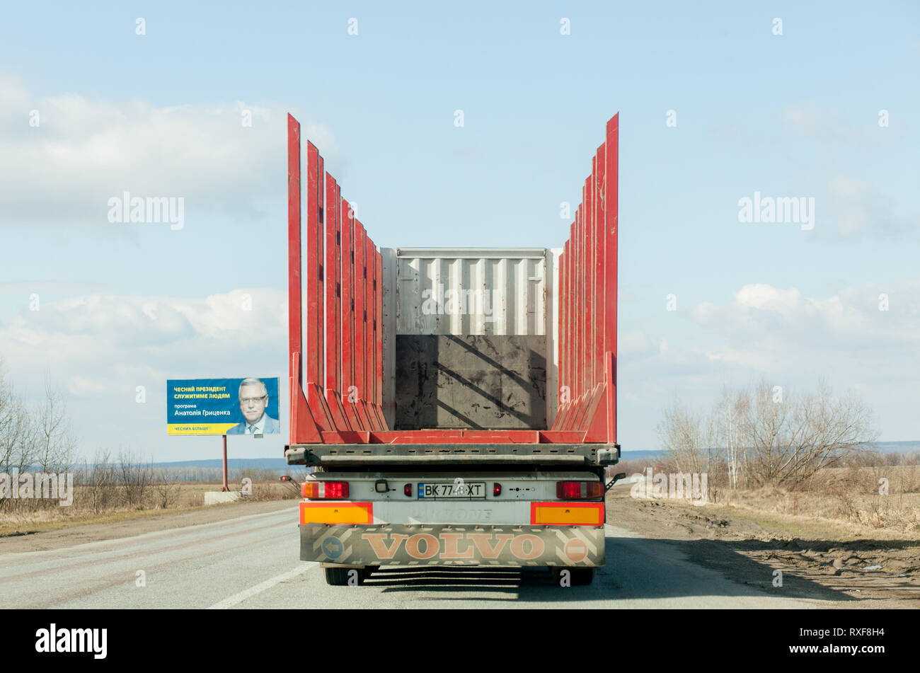 Kyiv, UKRAINE- March 06, 2019:Large truck for transporting wood on the ...