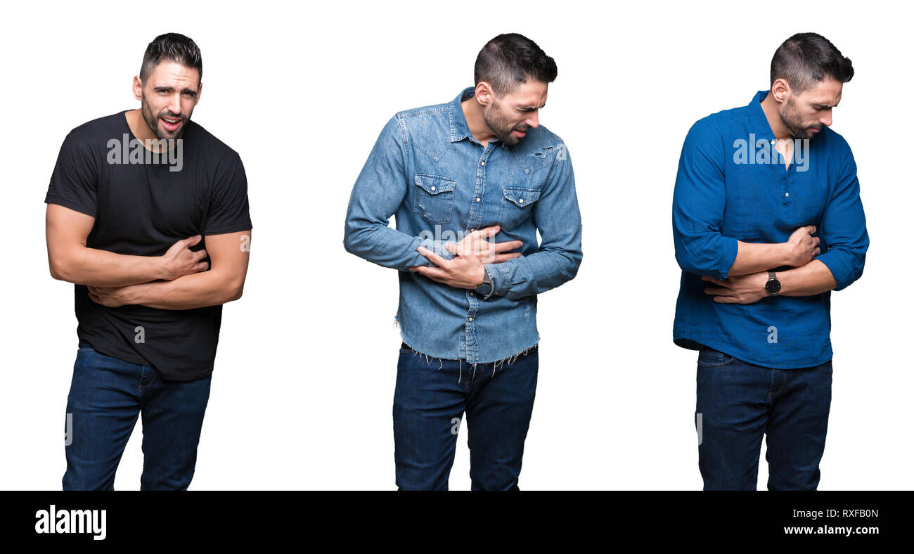 Collage of handsome man over white isolated background with hand on ...