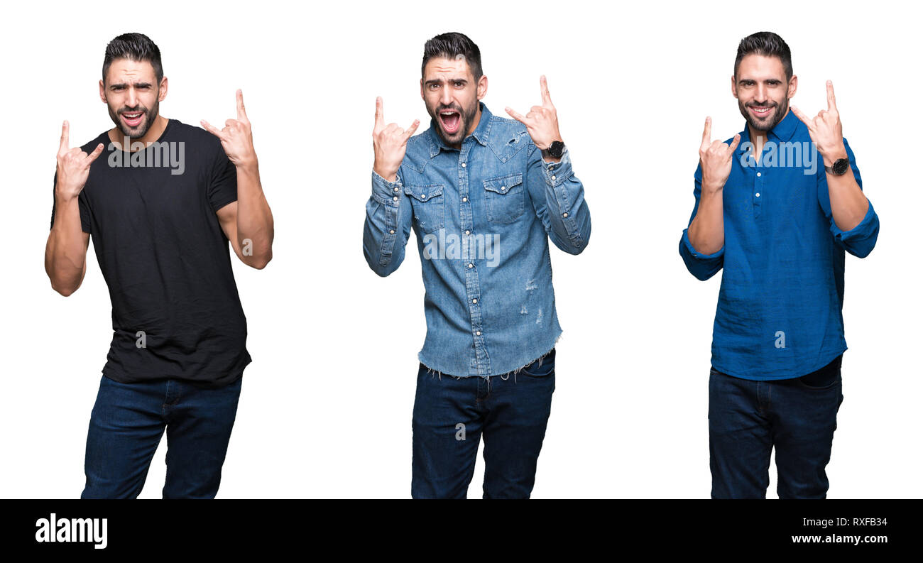 Collage of handsome man over white isolated background shouting with ...