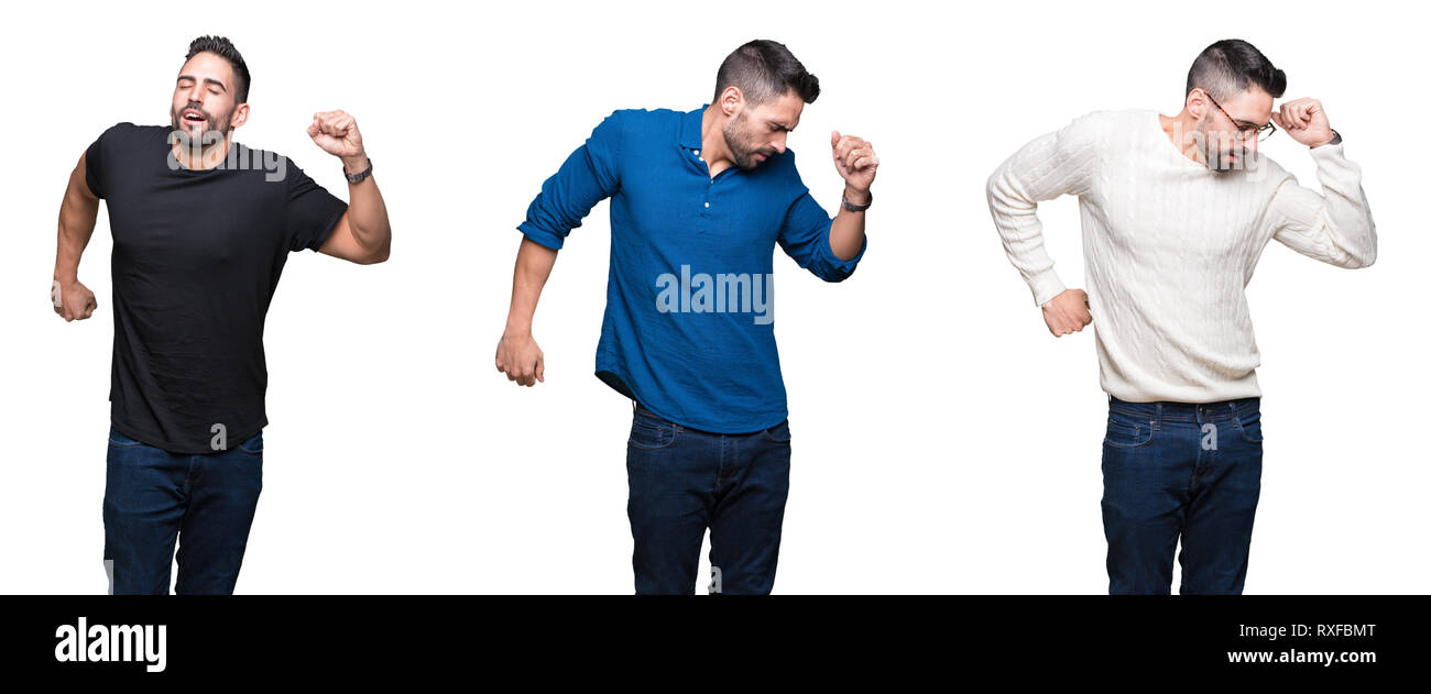Collage of handsome man over white isolated background stretching back ...