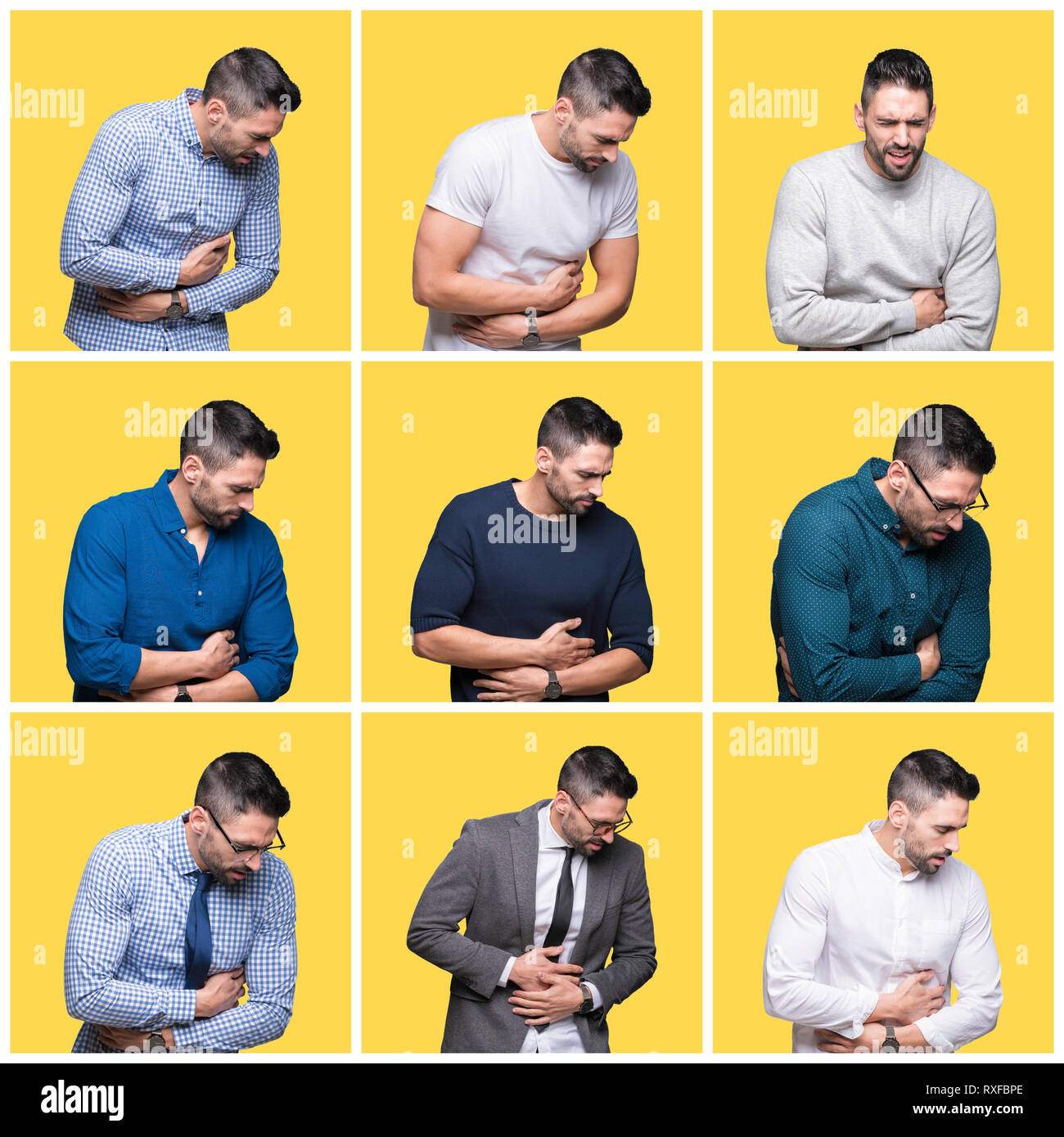 Collage of handsome man over yellow isolated background with hand on ...