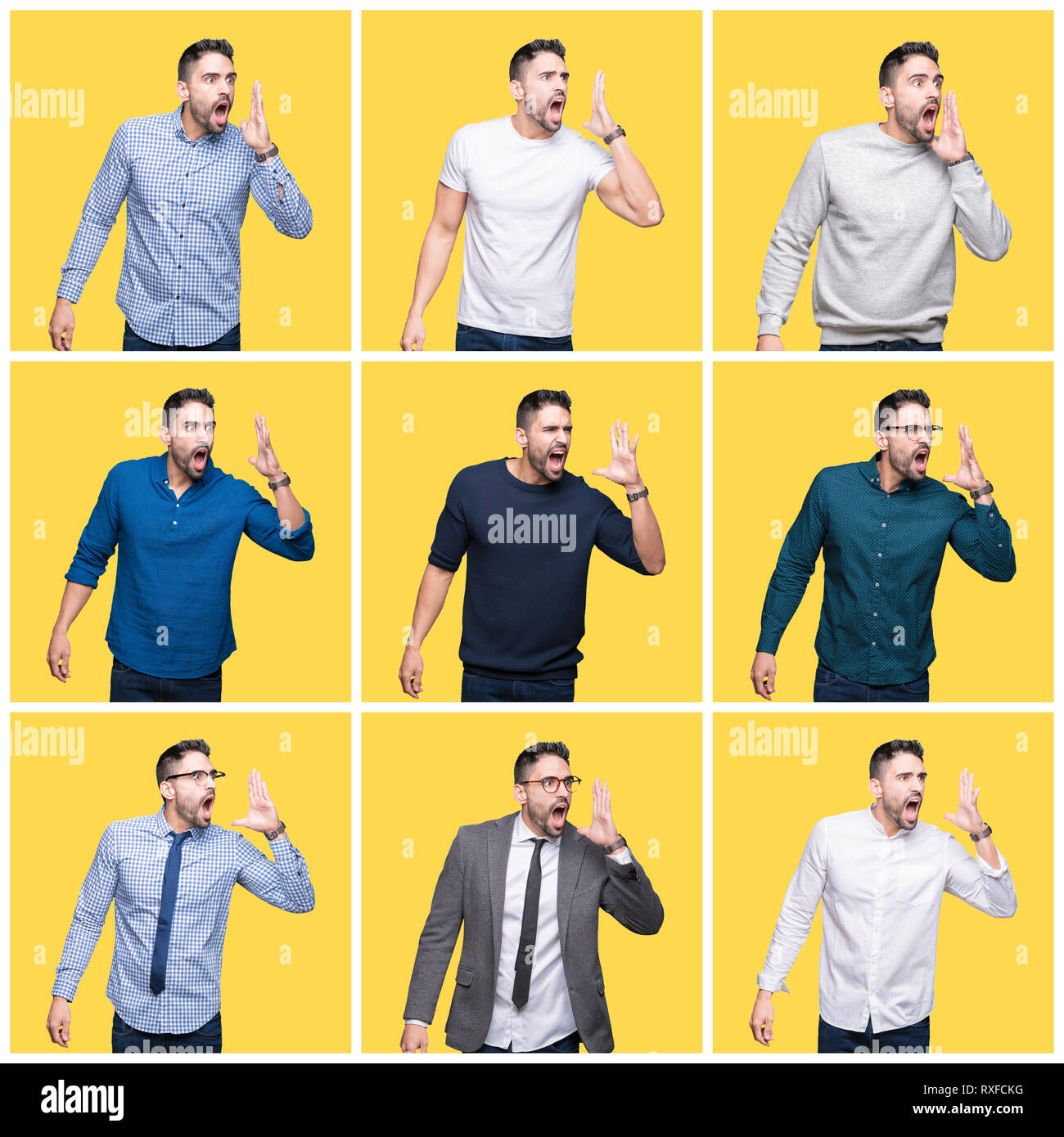Collage of handsome man over yellow isolated background shouting and ...