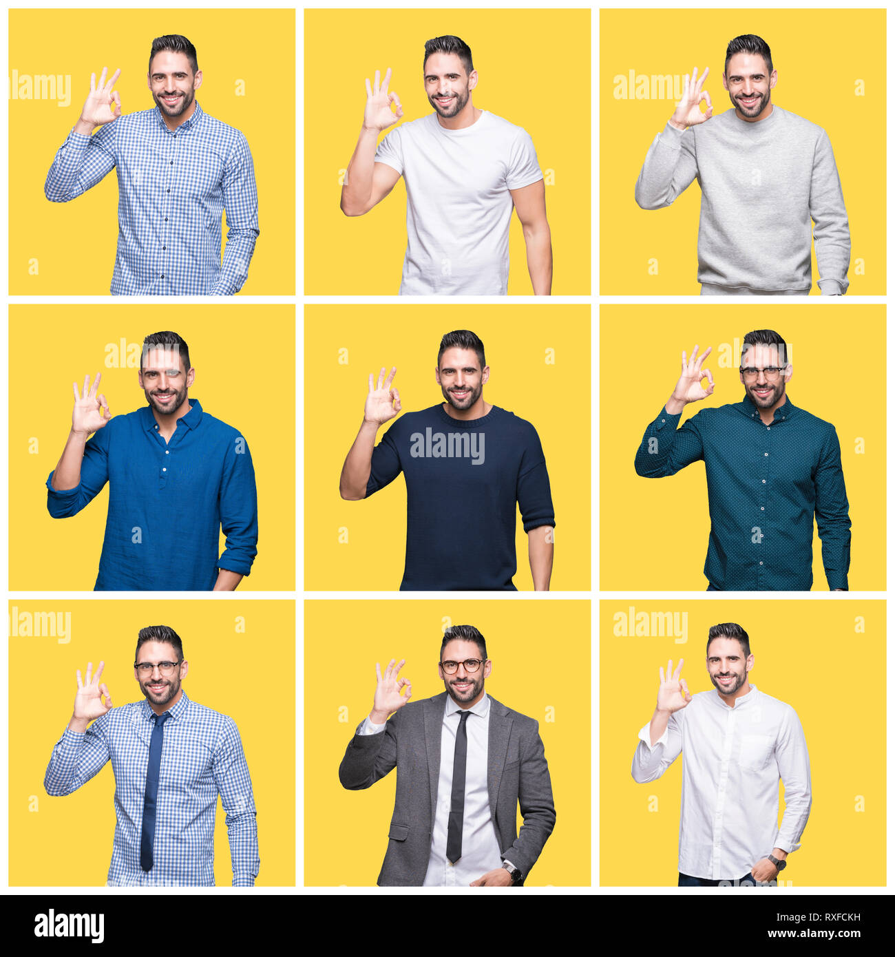 Collage of handsome man over yellow isolated background smiling ...