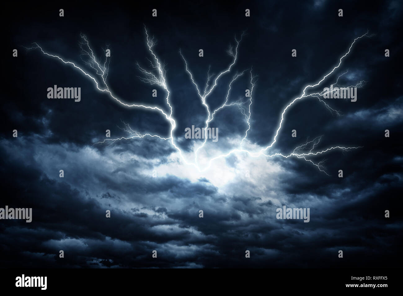 Lightning strike on the dark cloudy sky Stock Photo - Alamy