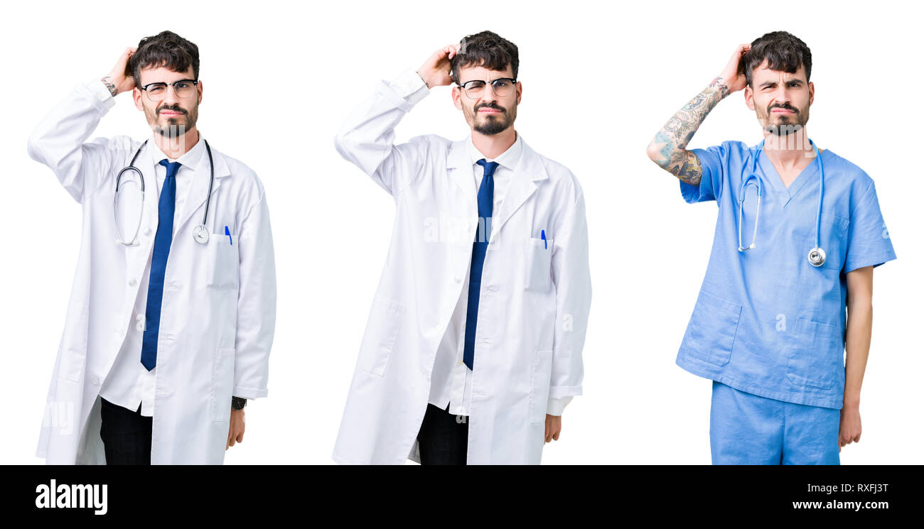 Collage of doctor man wearing medical coat over isolated background ...