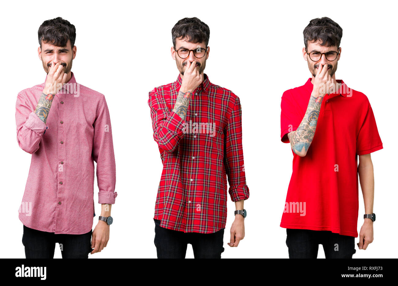 Collage of young man wearing glasses over isolated background smelling ...