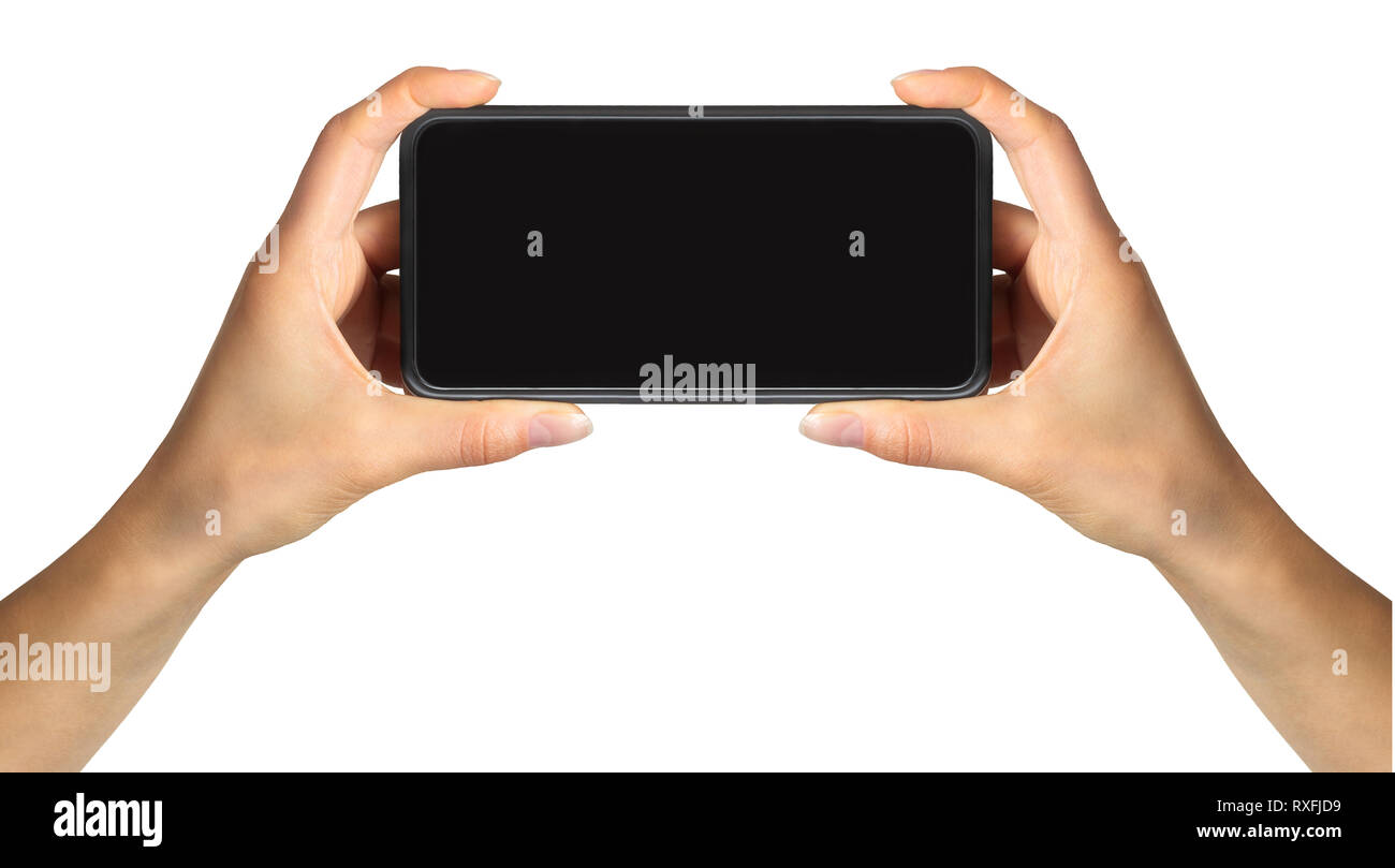 Women's hand showing black smartphone, concept of taking photo or ...