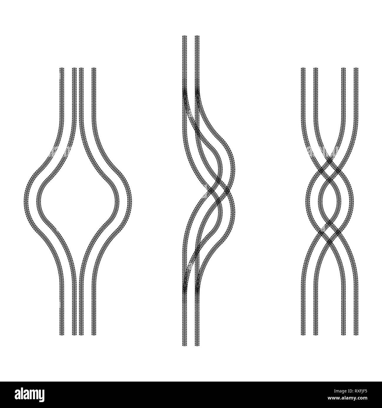 Set of three black tire tracks different forms isolated on white ...