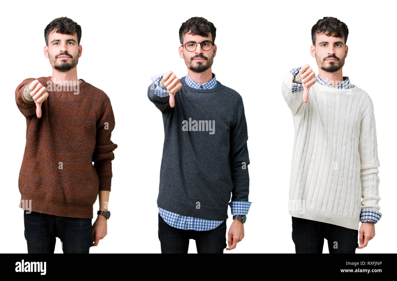 Collage of young man wearing a sweater over isolated background looking ...