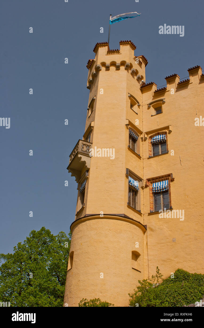 Towers and parapets on castle walls at Hohenschwangau Castle in Bavaria ...