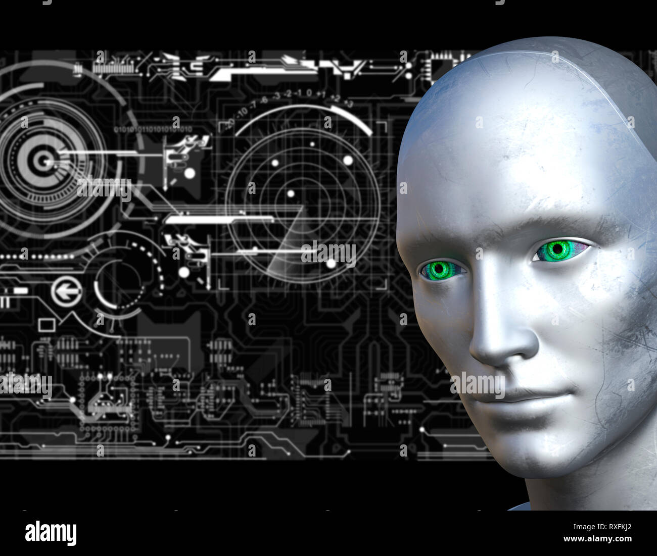 Robot face with electronic circuits background- 3d rendering Stock ...