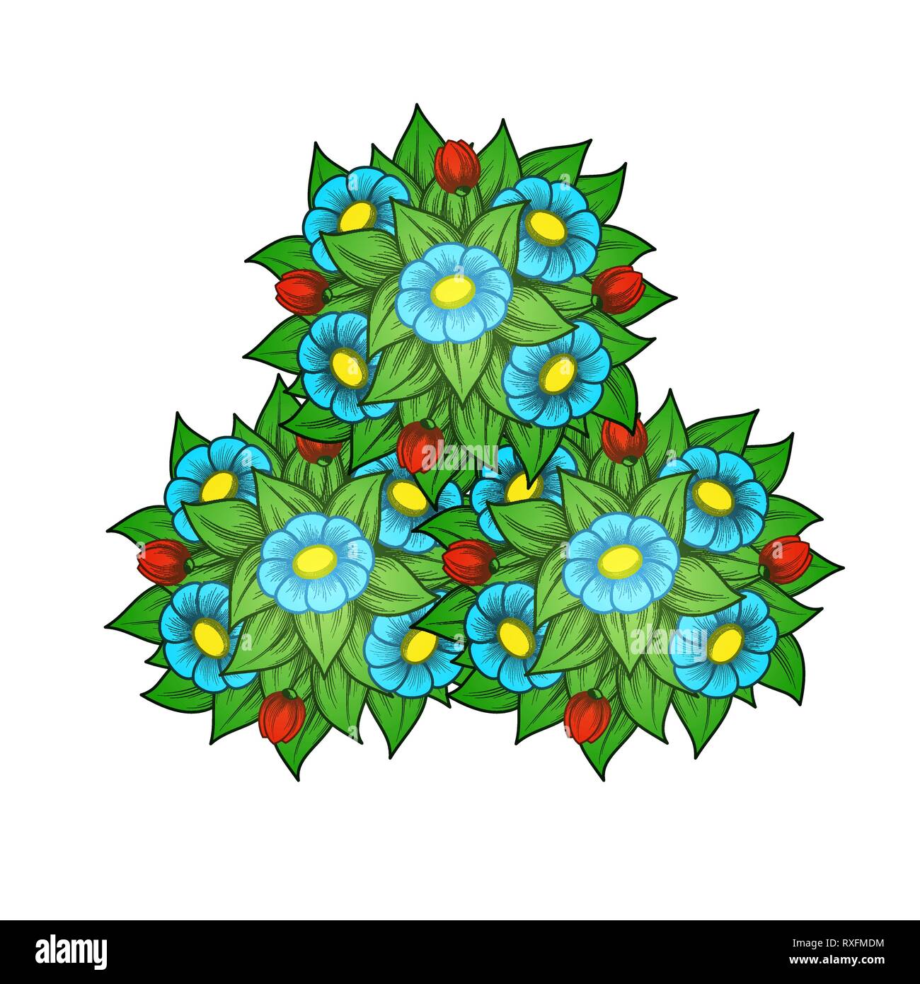 Two bushes with green leaves, daisy flowers and red blooms isolated on ...