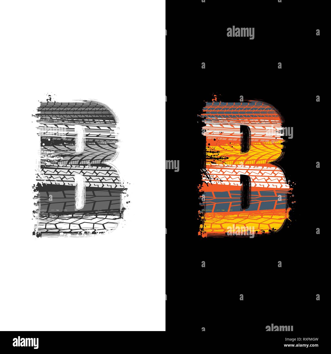 Two grunge letter B with tire tracks isolated on differennt backgrounds ...