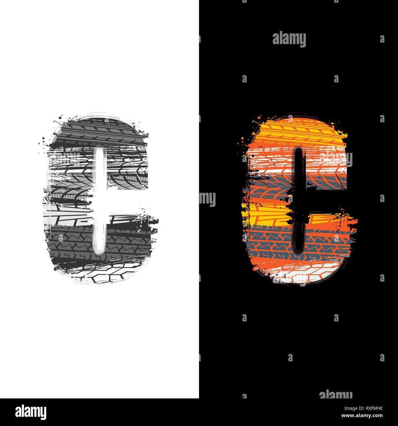Two grunge letter C with tire tracks isolated on differennt backgrounds ...