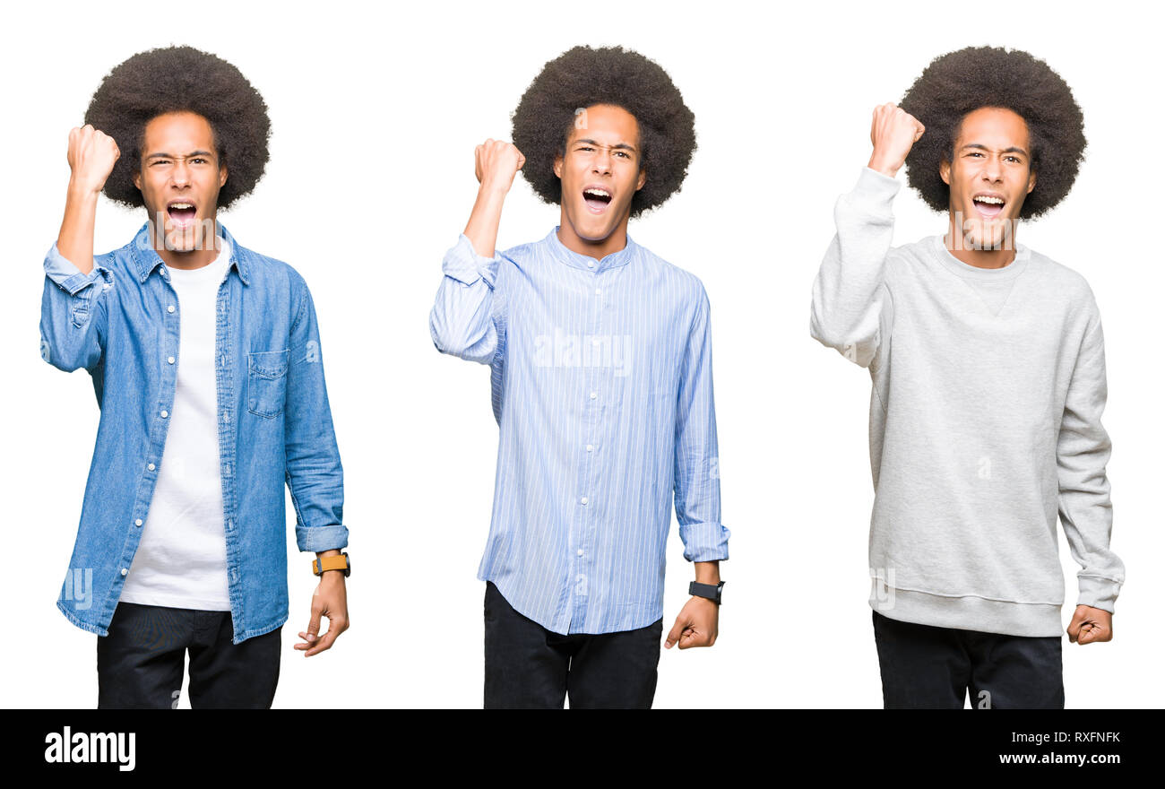 Collage of young man with afro hair over white isolated background ...