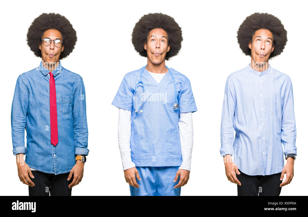 Collage of young man with afro hair over white isolated background ...