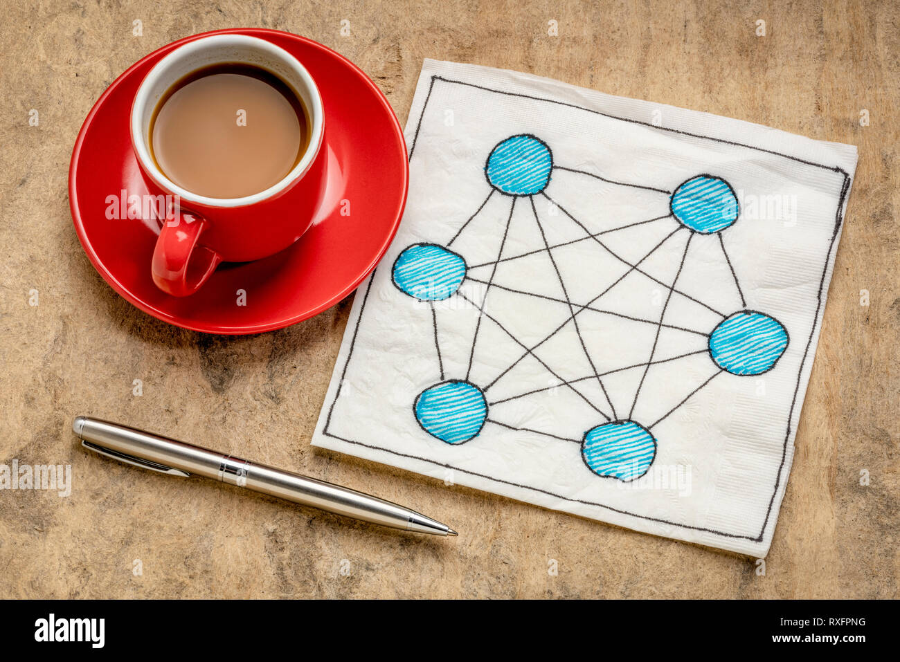 concept of fully connected computer network (mesh) - napkin doodle with ...
