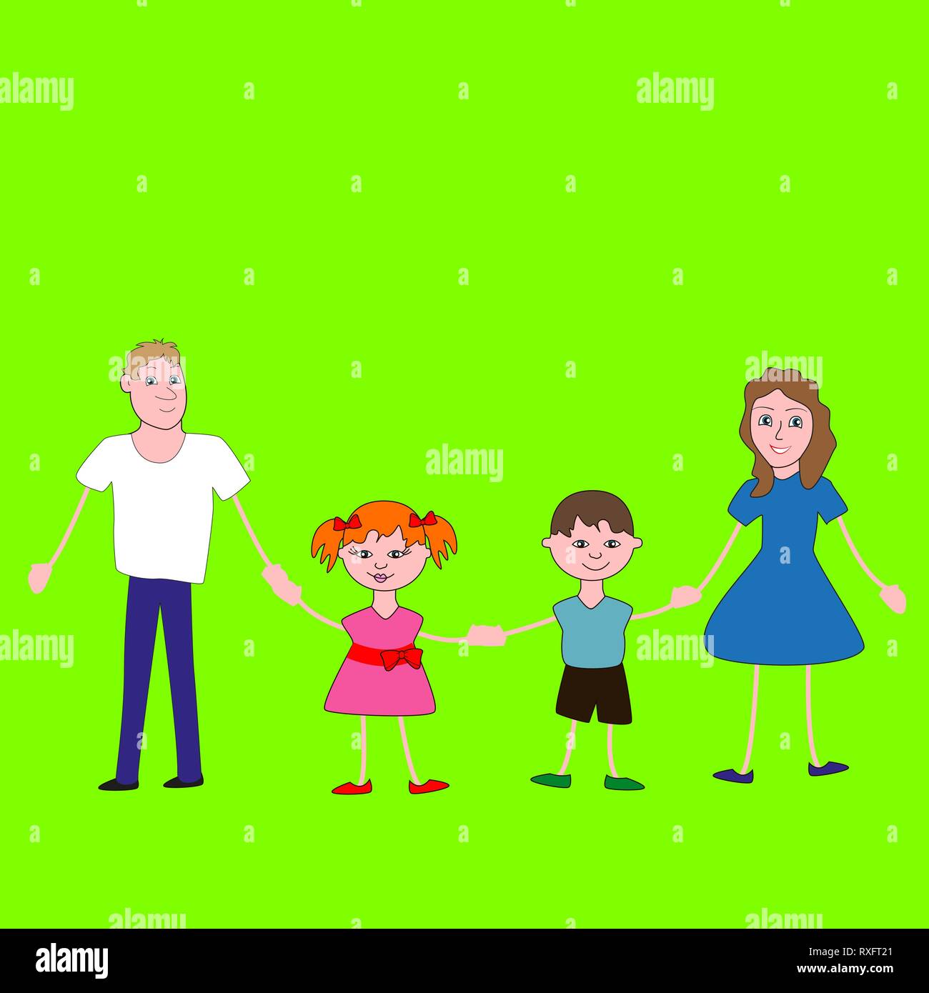 Happy and friendly family of four isolated green background Stock ...