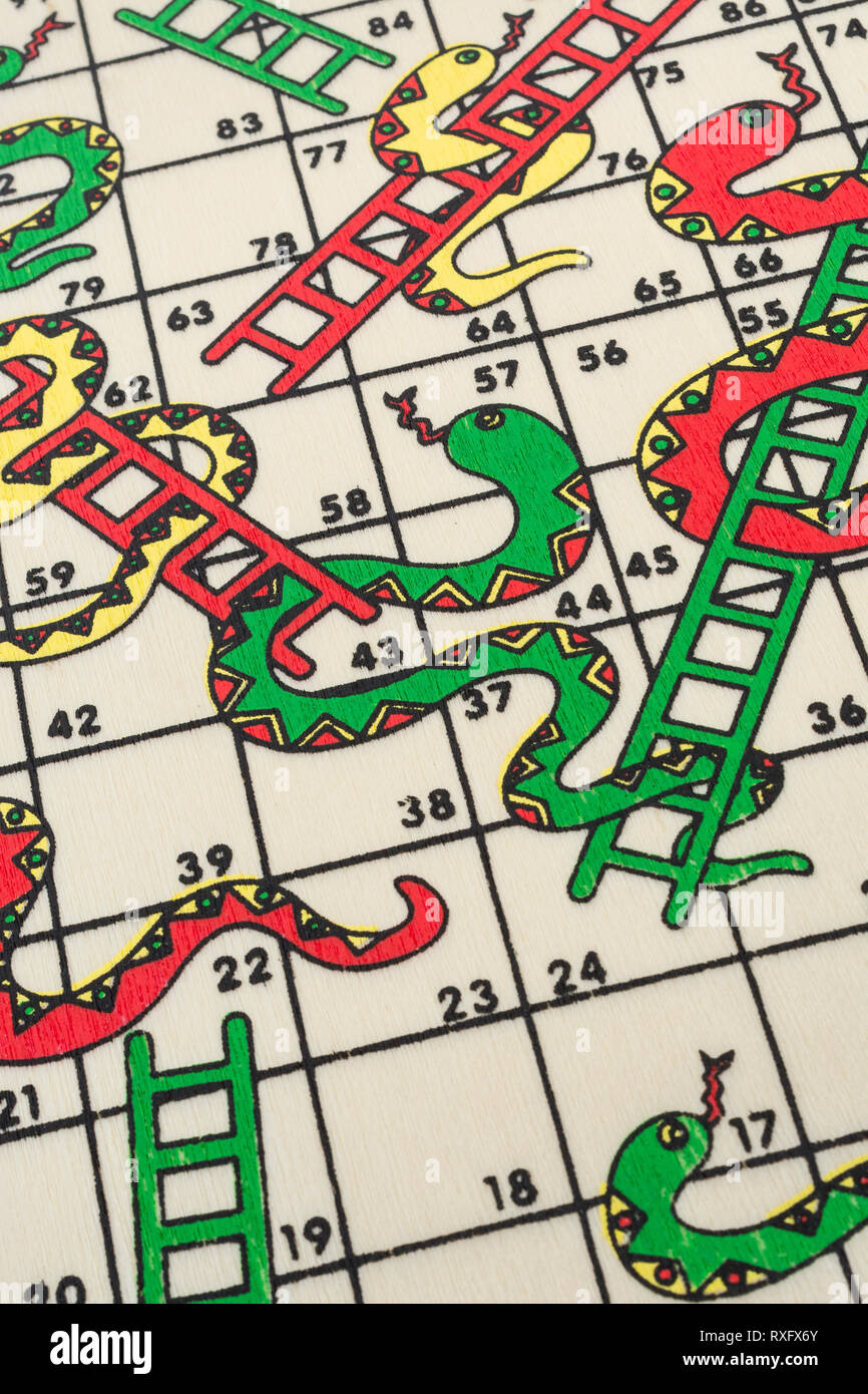 Close-up of small Snakes and Ladders game / board game For climbing ...