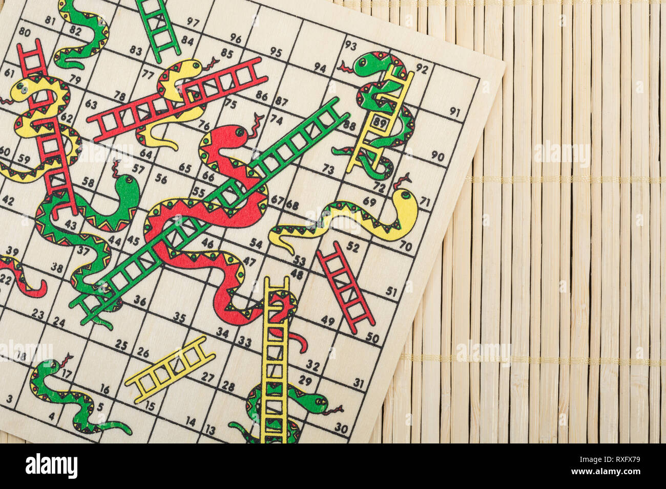 Close-up of small Snakes and Ladders game / board game For climbing ...