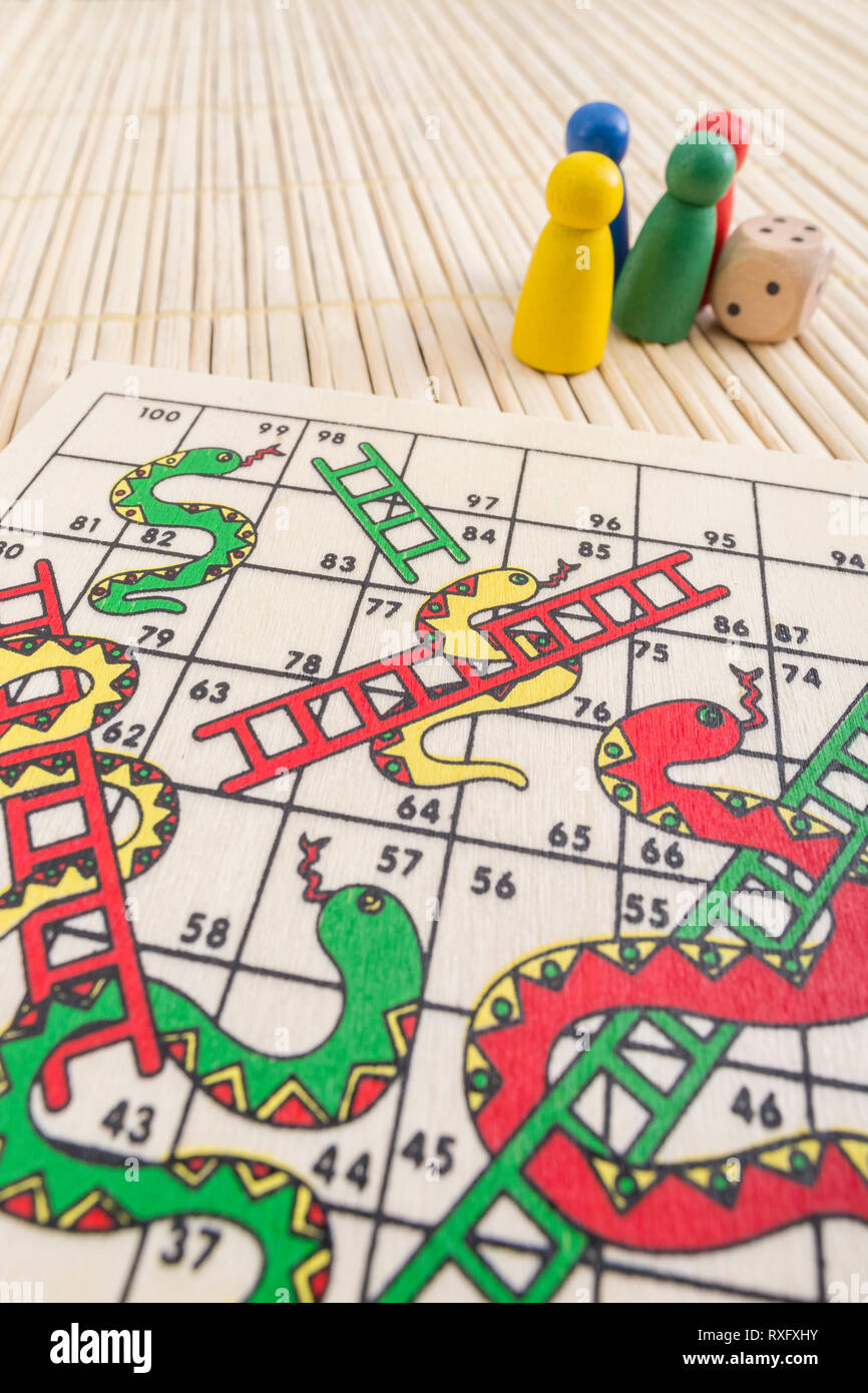 Close-up of small Snakes and Ladders game / board game For climbing ...