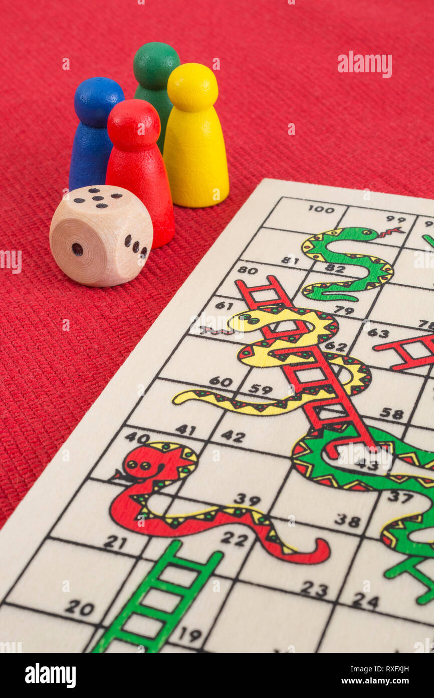 Close-up of small Snakes and Ladders game / board game For climbing ...